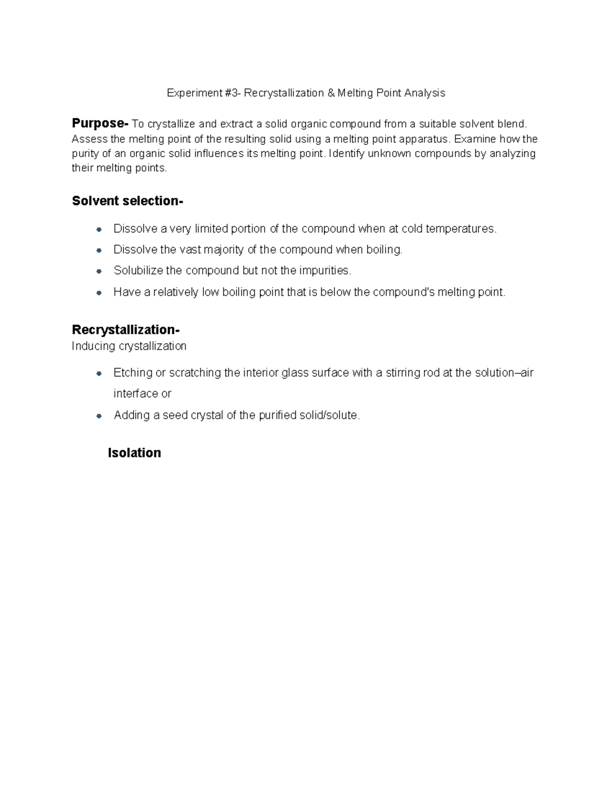 Organic lab 3 - lab 3 for ochem 1 - Experiment #3- Recrystallization & Melting Point Analysis ...