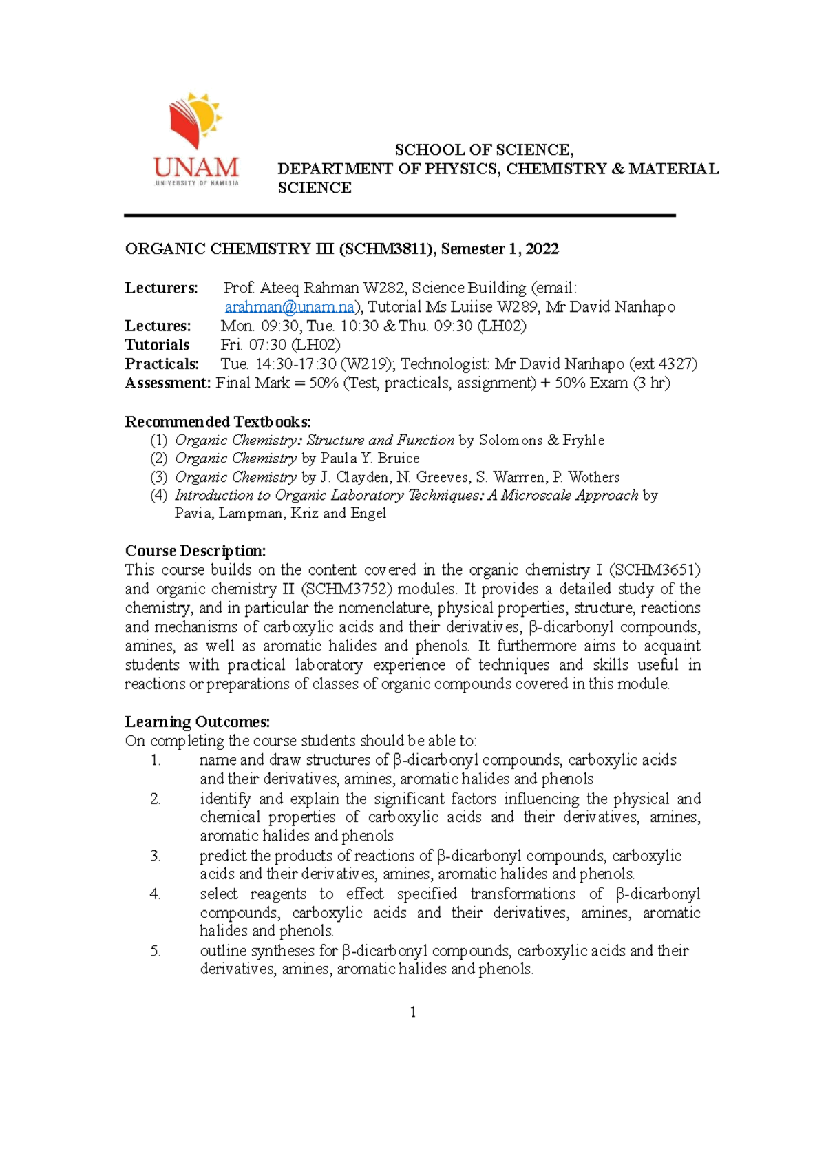 Course outline Ocii - SCHOOL OF SCIENCE, DEPARTMENT OF PHYSICS ...