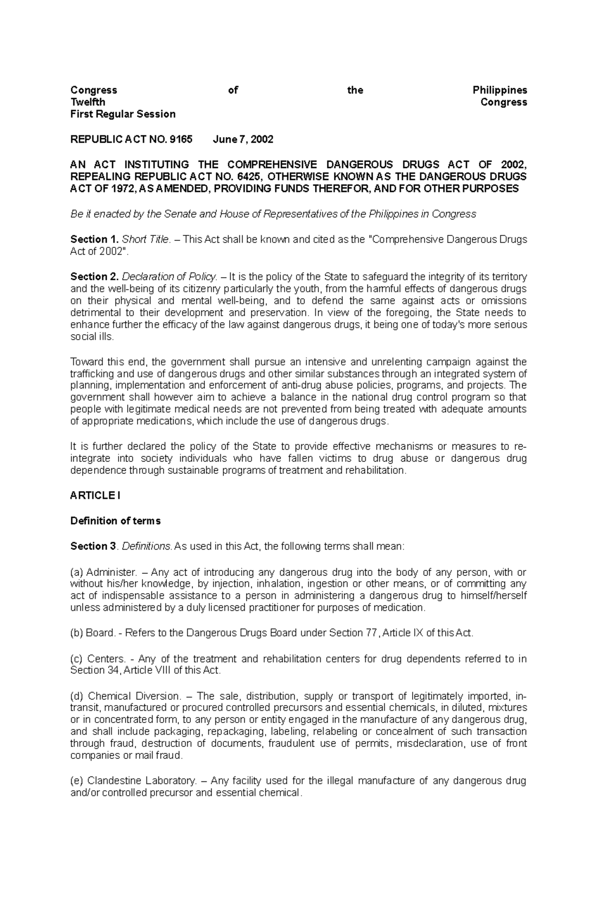 R.A. No. 9165 - R.A. No. 9165.docx - Congress of the Philippines ...