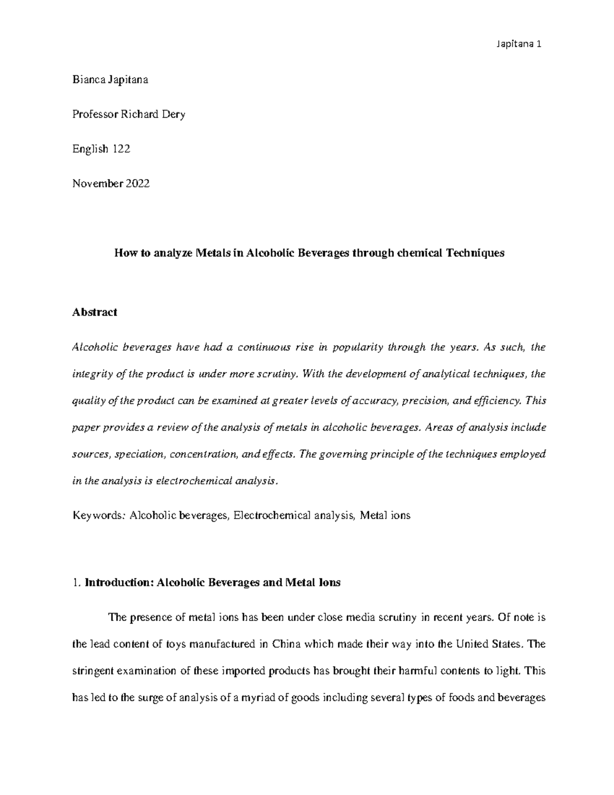 Research paper - alchol - Bianca Japitana Professor Richard Dery ...