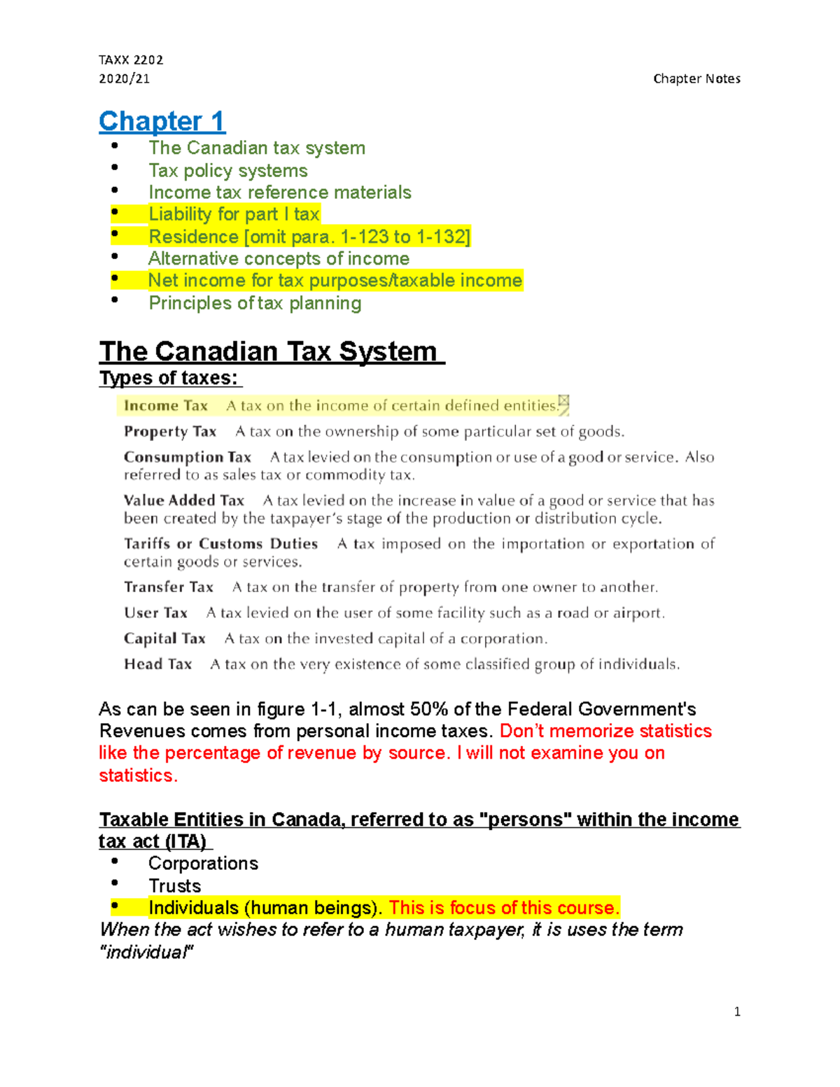 Chapter 1 Instructor Notes - TAXX 2202 20-21 - 2020/21 Chapter Notes ...