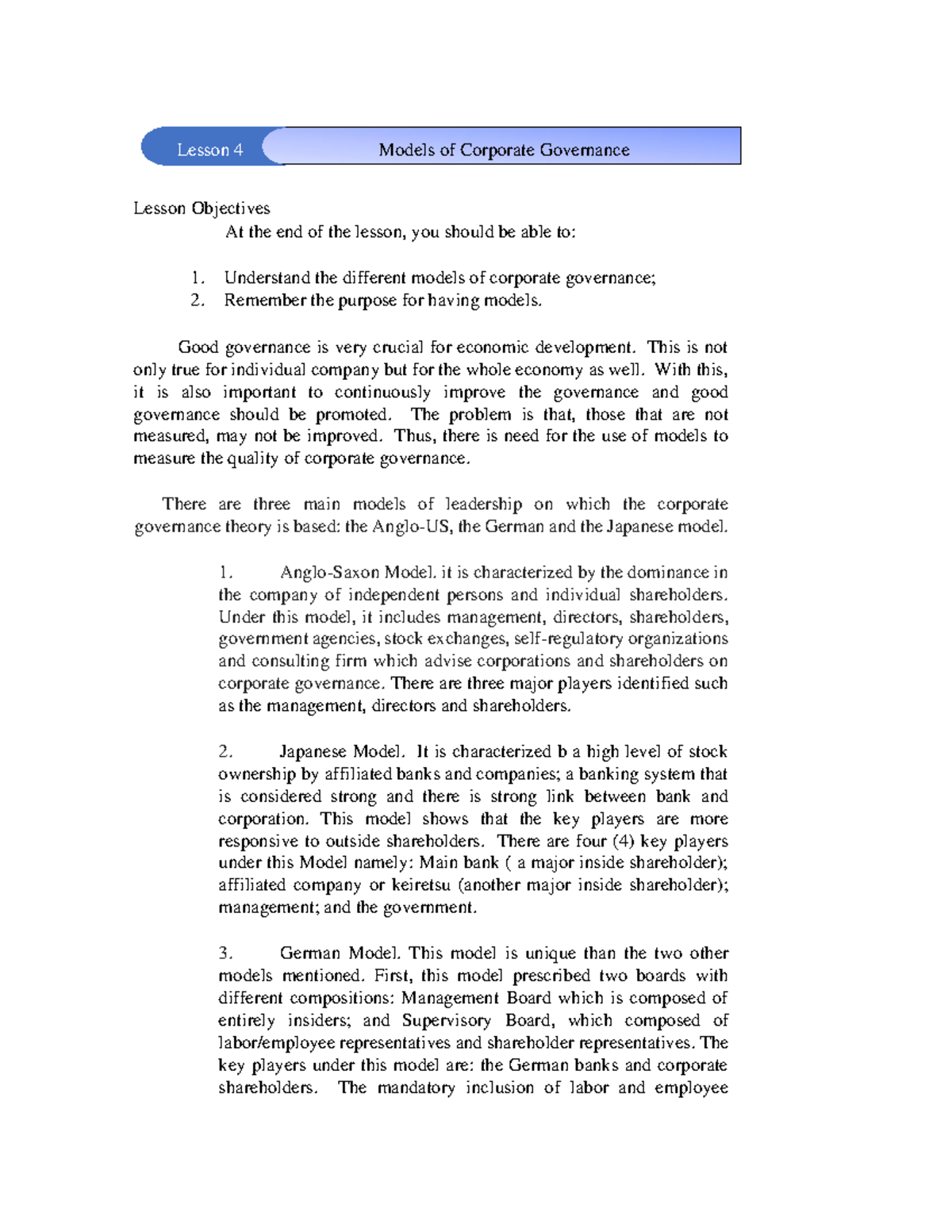 Lesson 4 Models of Corporate Governance - Lesson 4 Models of Corporate ...