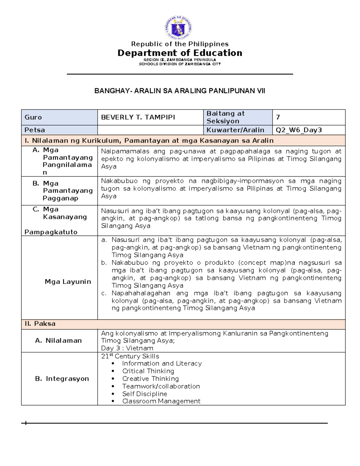 59 Quarter 2 WEEK 6 DAY 3 - G7 Lesson Plan (Matatag Curriculum ...
