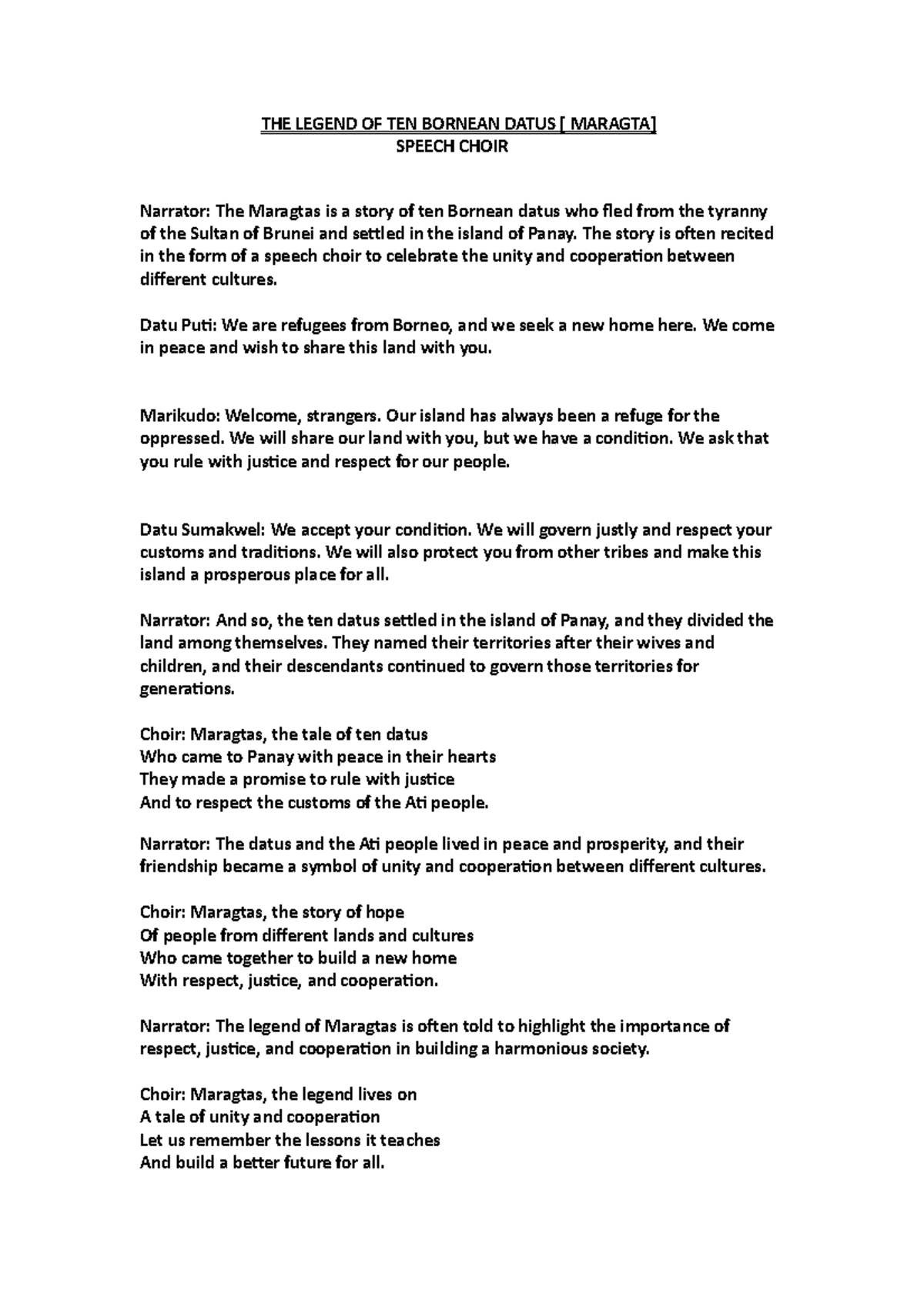 THE Legend OF TEN Bornean Datus. Speech Choir - THE LEGEND OF TEN ...