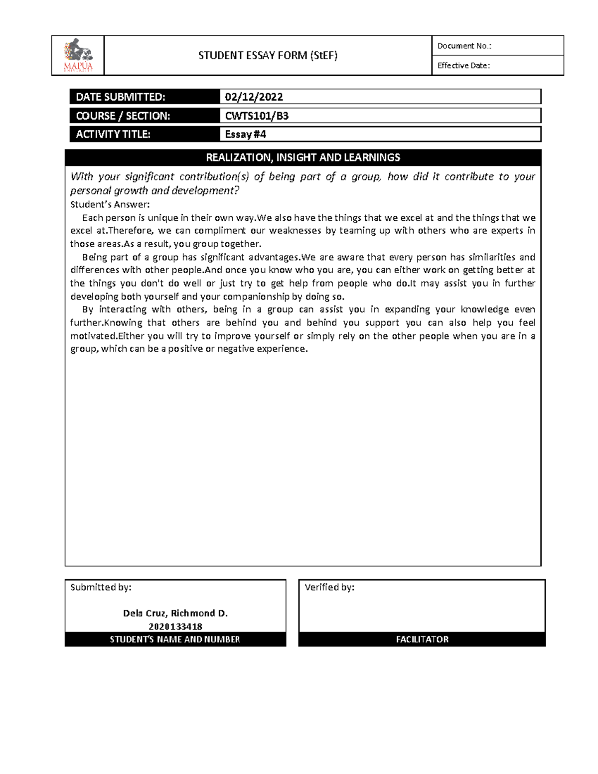 CWTS101 Essay 4 - STUDENT ESSAY FORM (StEF) Document No.: Effective ...