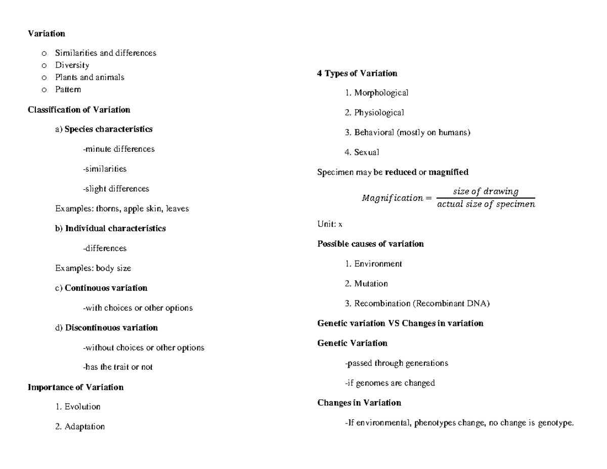 Variation - Lecture notes 1 - Variation o Similarities and differences ...
