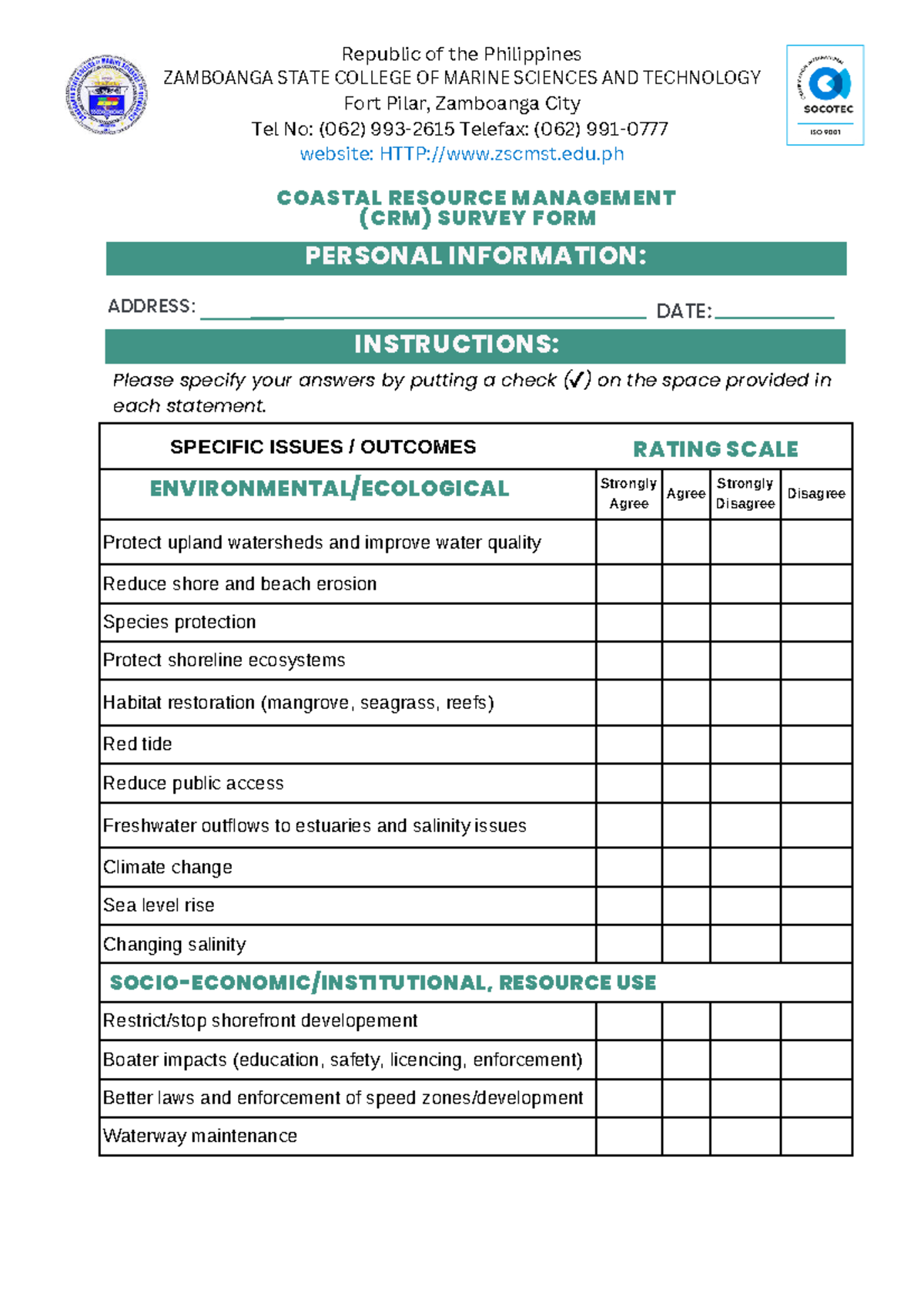 CRM Survey FORM - nkqeljpdp1d - SPECIFIC ISSUES / OUTCOMES Strongly ...