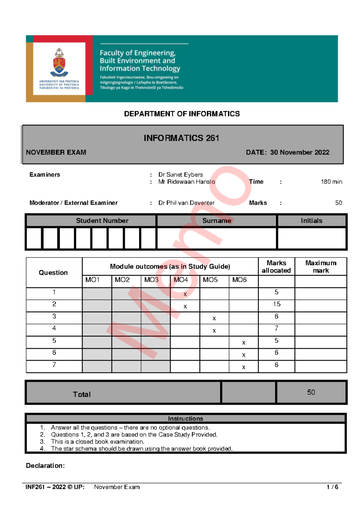 2022 INF261 Examination Paper Memo Perusal - DEPARTMENT OF INFORMATICS ...