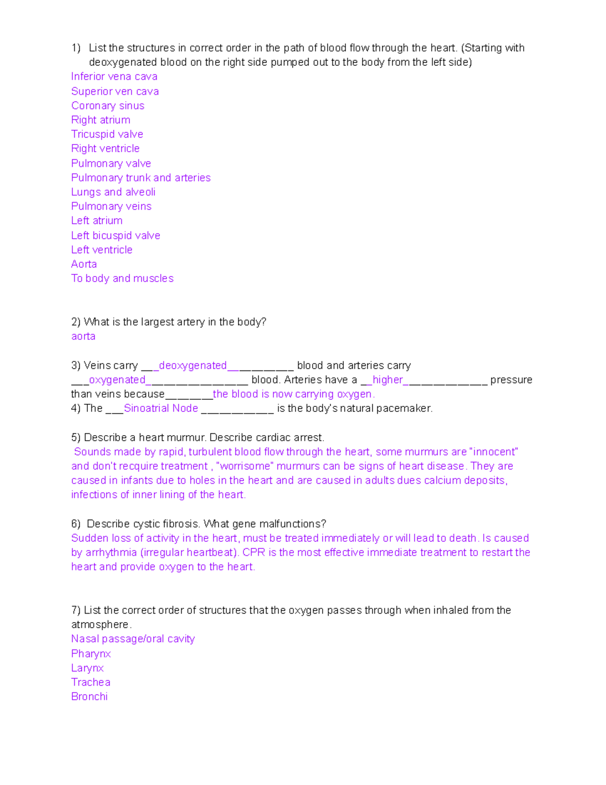Respiratory and Cardiovascular Systems Study Guide - List the ...