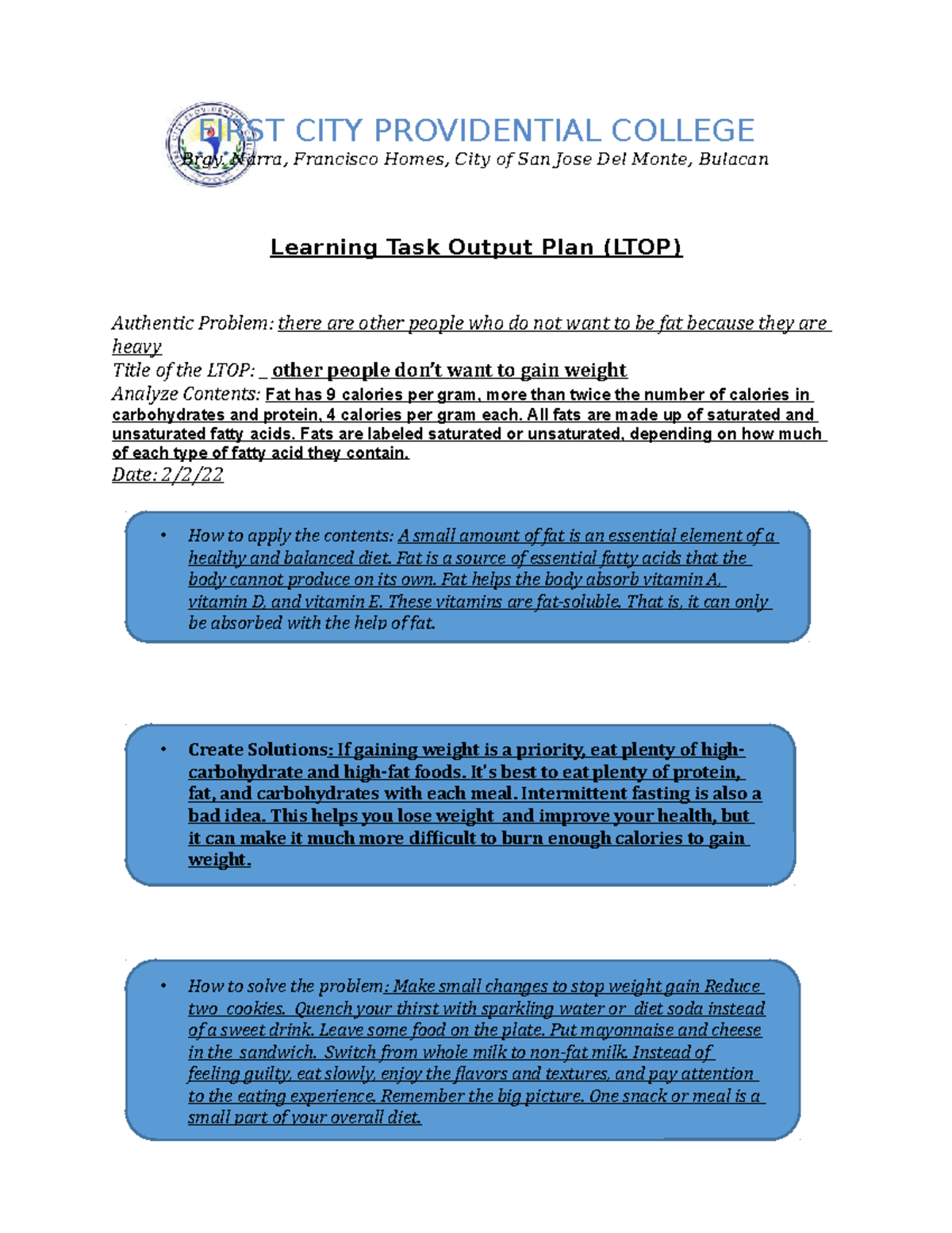 2Q BIO LTOP - learning task output - FIRST CITY PROVIDENTIAL COLLEGE ...