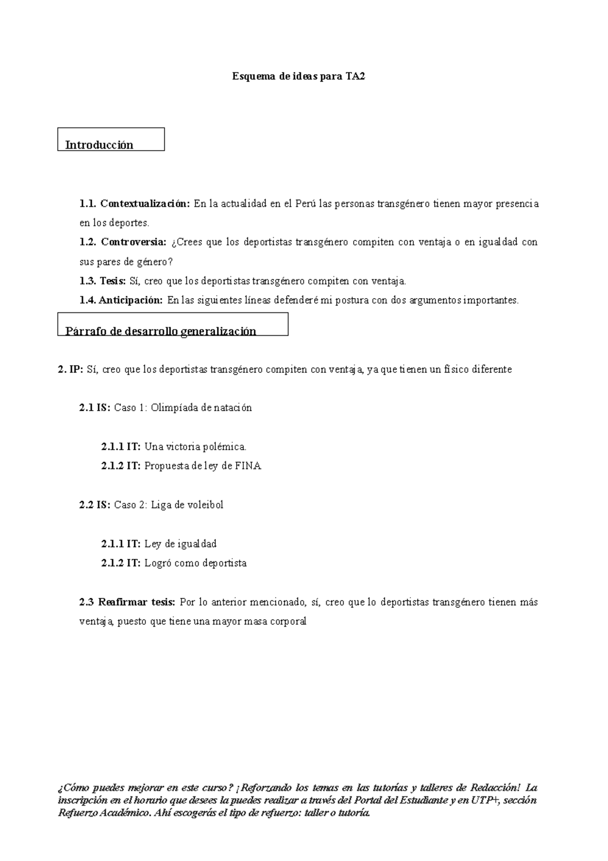 PC2 - desarrollo de parrafos - Esquema de ideas para TA ...