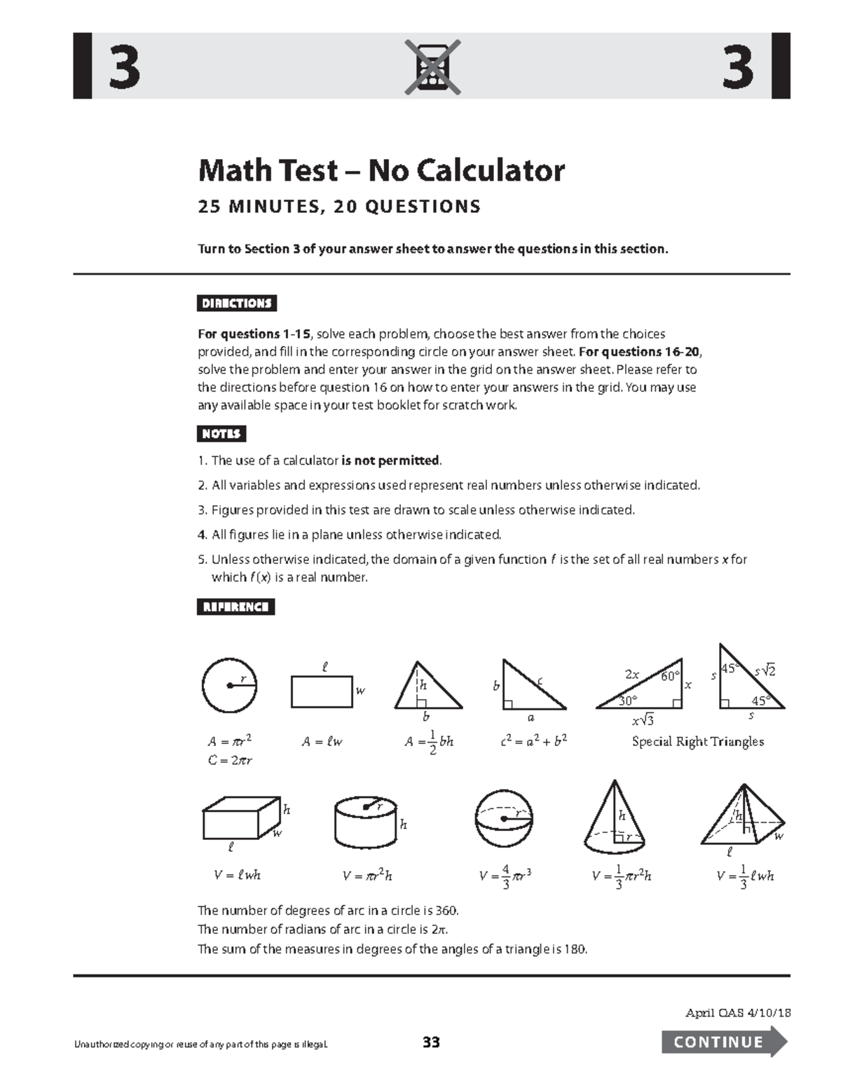SAT MATH PRACTICE - April QAS 4/10/ Math Test – No Calculator 25 ...