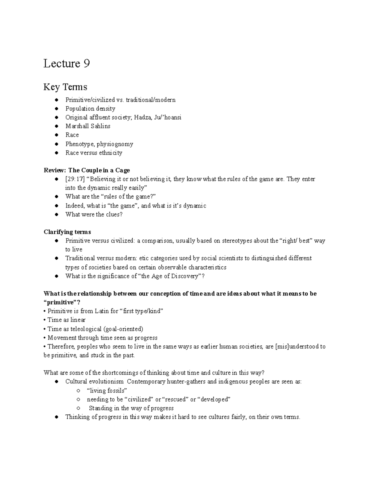 ANTA02H3 Lecture 9 - Lecture 9 Key Terms Primitive/civilized vs ...