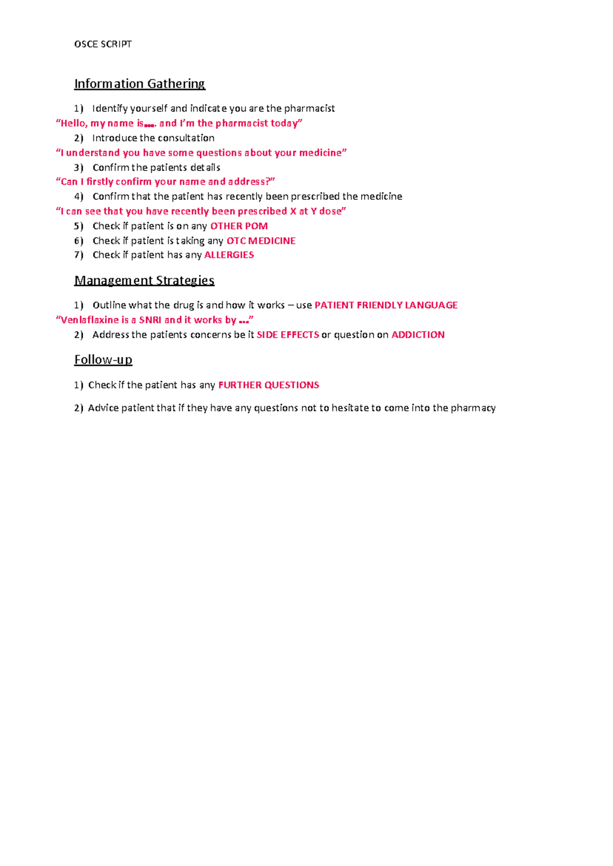 OSCE Notes - patient care, communication skills, - OSCE SCRIPT ...