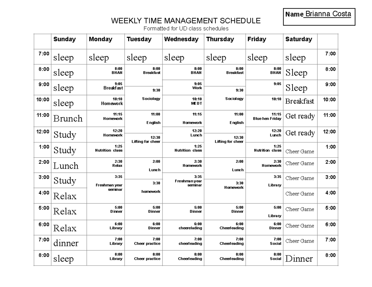 Weekly Calendar Template - Name_____________ WEEKLY TIME MANAGEMENT ...