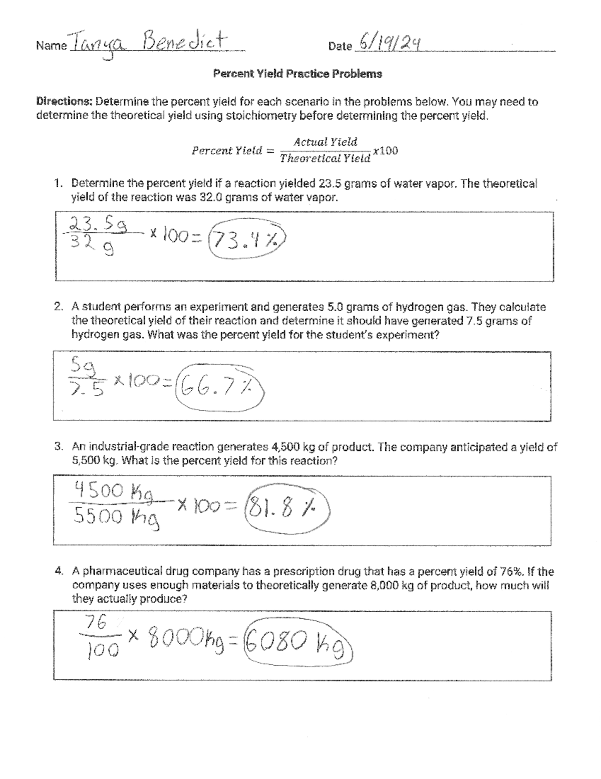 Percent Yield Practice - You may need to determine the theoretical yield using stoichiometry ...