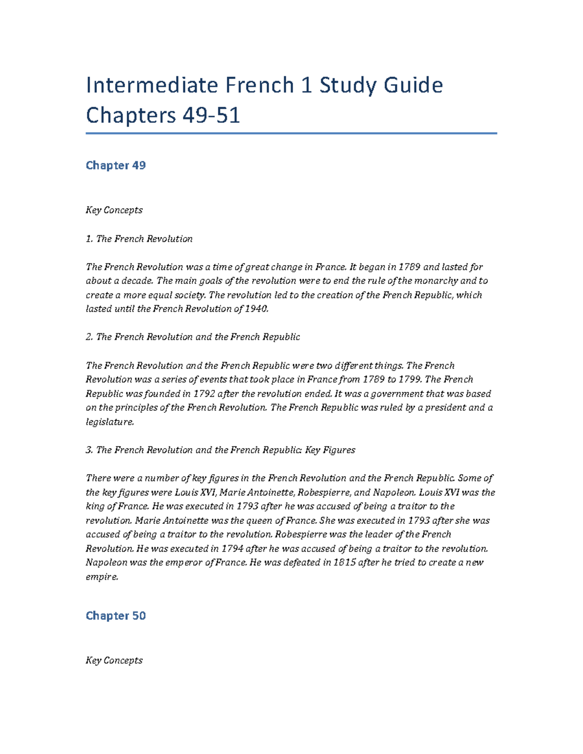 Intermediate French 1 Study Guide Chapters 49-51 - Intermediate French ...