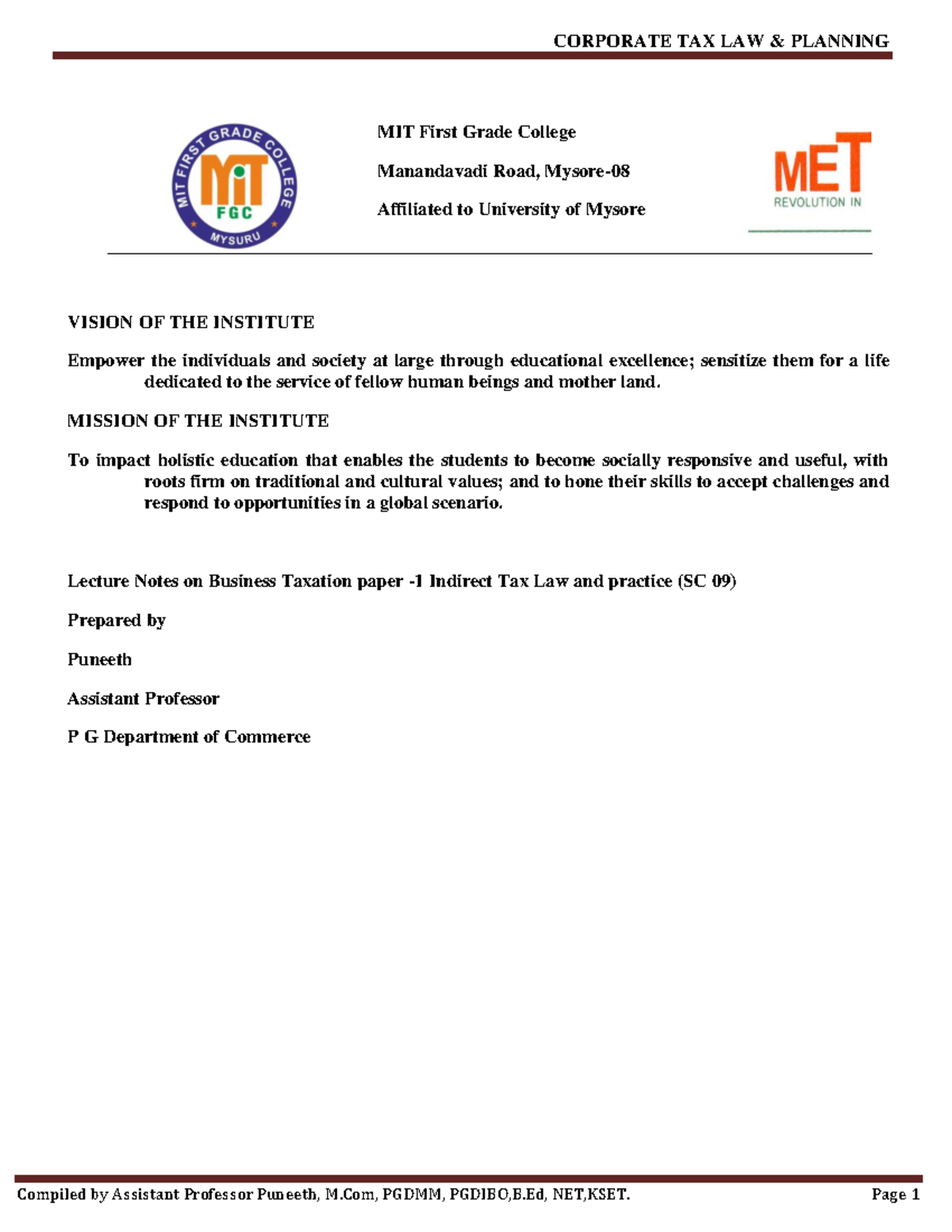 Corporate Tax Notes Final BY Puneeth - MIT First Grade College ...