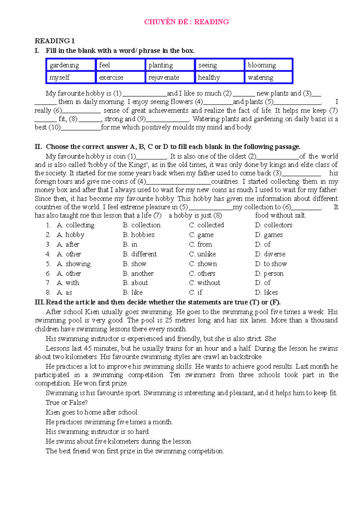 Reading - Grammar - CHUYÊN ĐỀ : READING READING 1 I. Fill in the blank ...