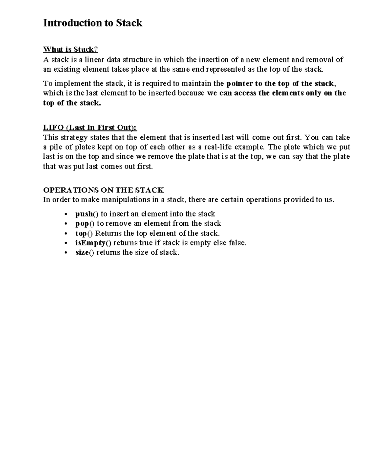 Introduction To Stack Introduction To Stack What Is Stack A Stack Is A Linear Data Structure