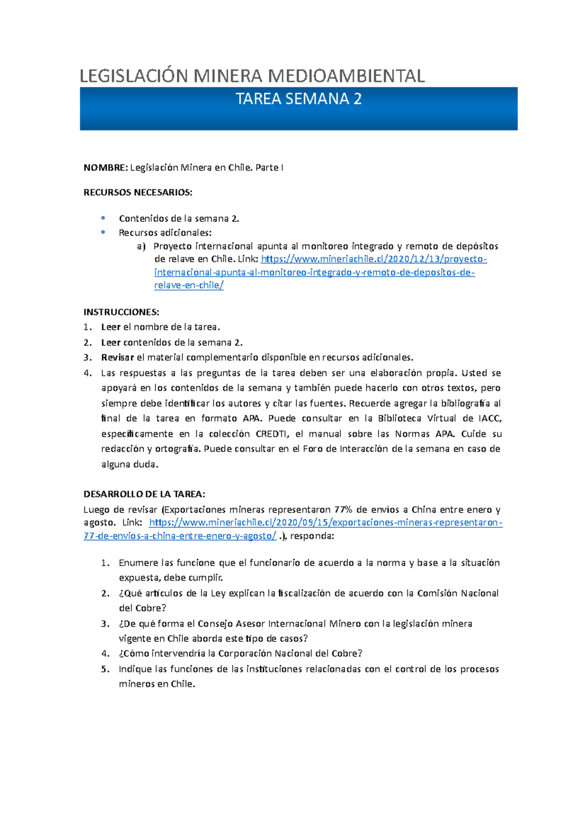 S2 Tarea SET A LEMA1203 - Legislación - TAREA SEMANA 2 LEGISLACIÓN MINERA MEDIOAMBIENTAL NOMBRE ...