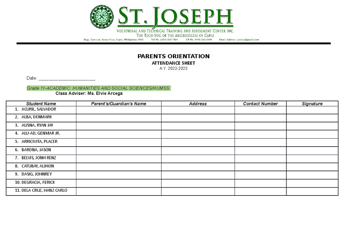 Parents- Orientation-Format - PARENTS ORIENTATION ATTENDANCE SHEET A ...