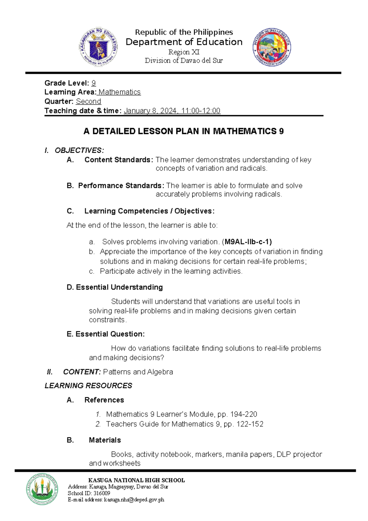 Detailed Lesson PLAN IN MATH 9 - Republic of the Philippines Department ...