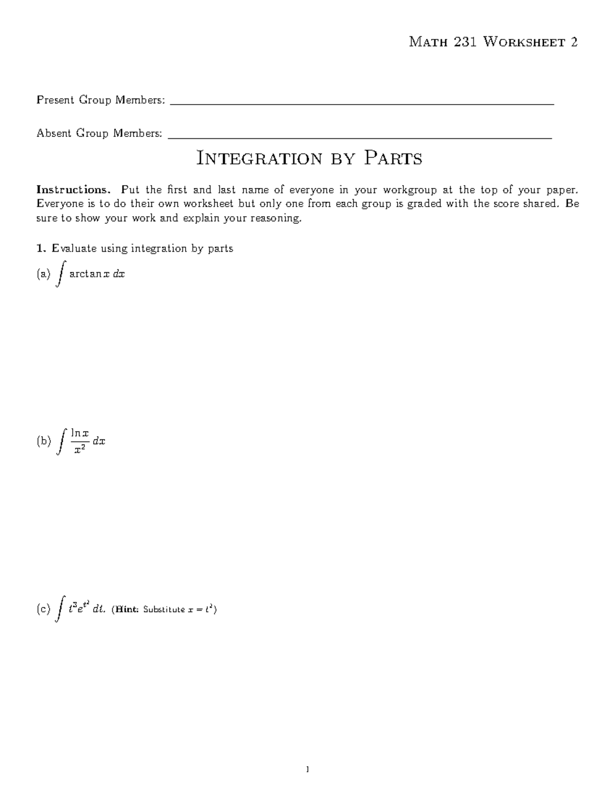 Math 231- WS2- 7.1 - Calculus 2 Worksheet 2 - Math 231 Worksheet 2 ...