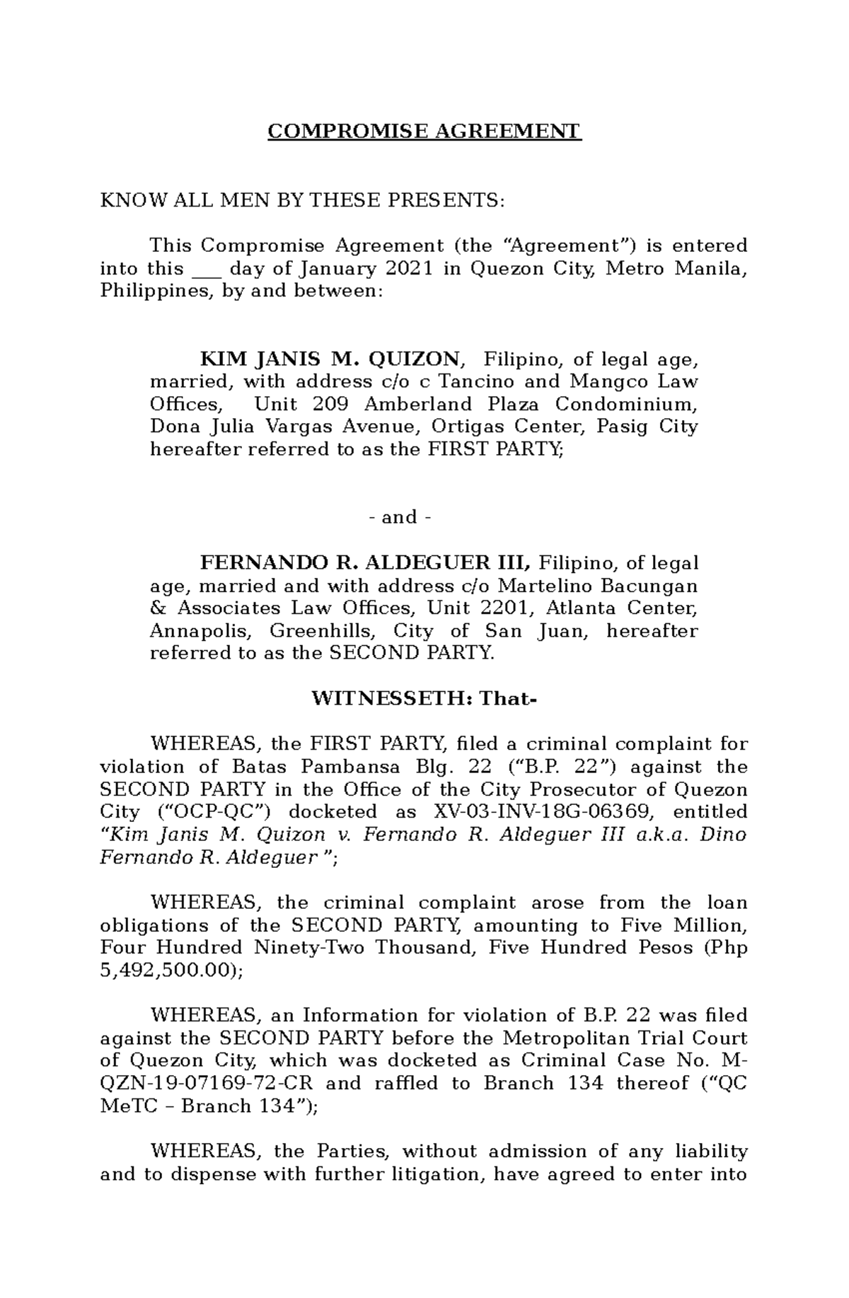 Compromise agreement. January 2021 - COMPROMISE AGREEMENT KNOW ALL MEN ...
