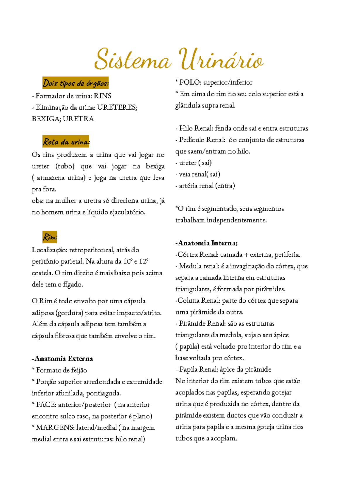 Sistema Urinário - Resumo Anatomia Aplicada à Medicina I - Sistema Urinário Dois tipos de órgãos ...