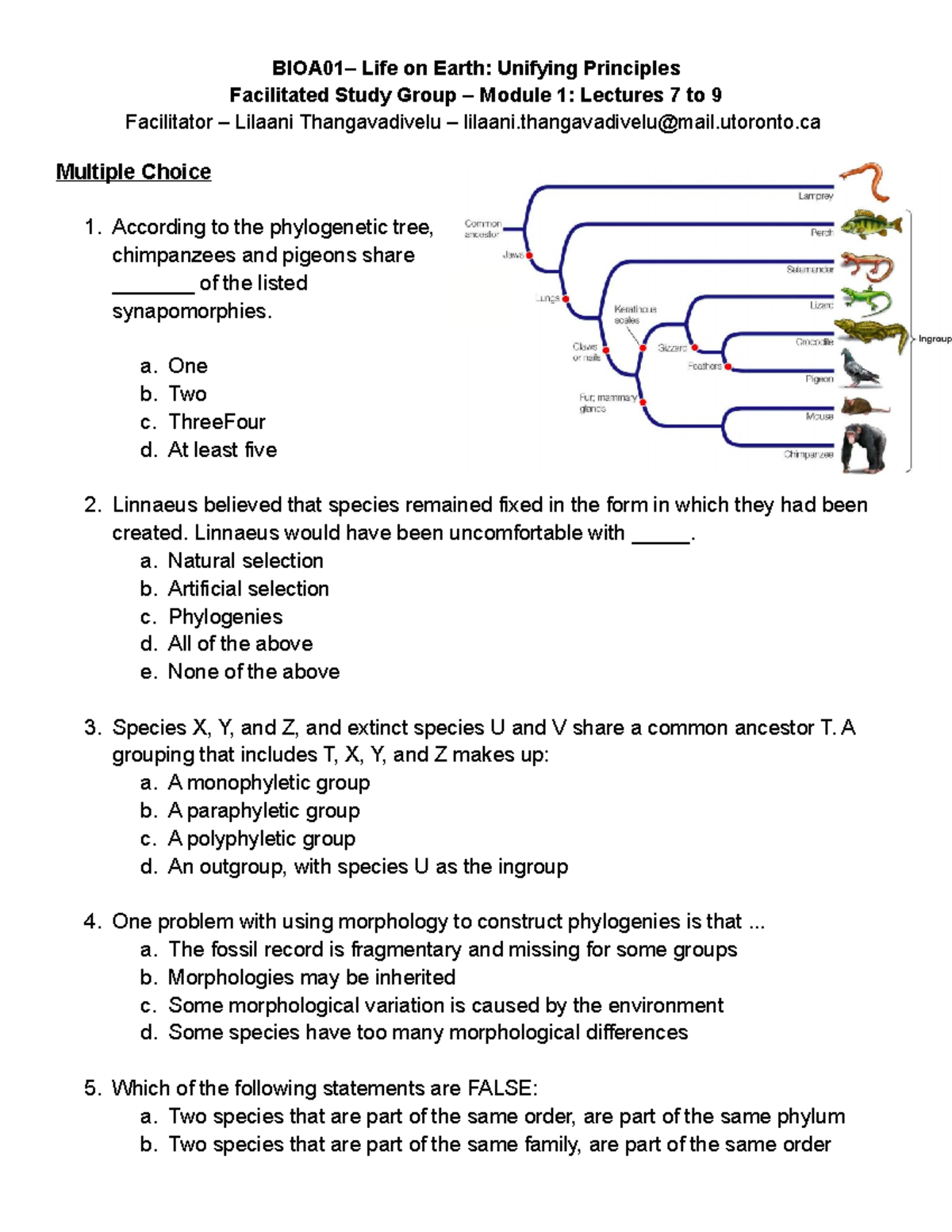 FSG BIOA01 Module 1 Lectures 7 to 9 - BIOA01– Life on Earth: Unifying ...
