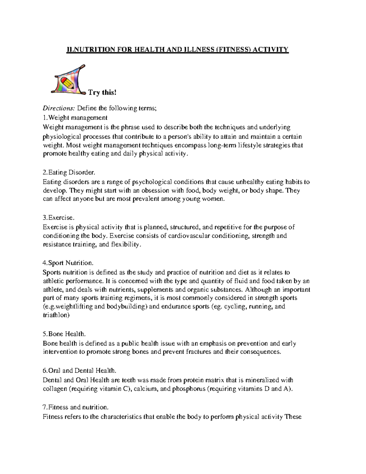 Nutrition For Health and Illness Activity - II FOR HEALTH AND ILLNESS ...