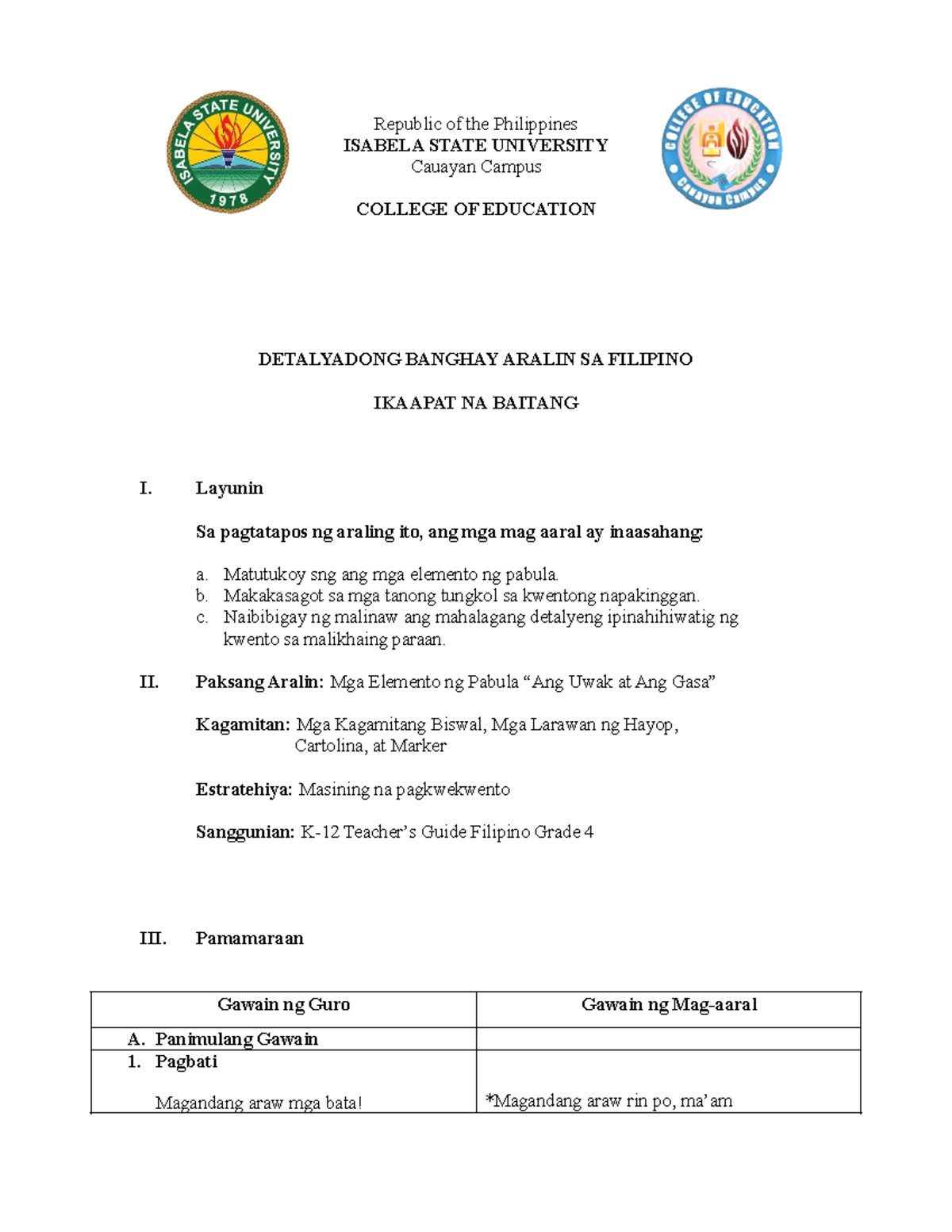 DLP- Filipino 2 - Republic of the Philippines ISABELA STATE UNIVERSITY Cauayan Campus COLLEGE OF ...