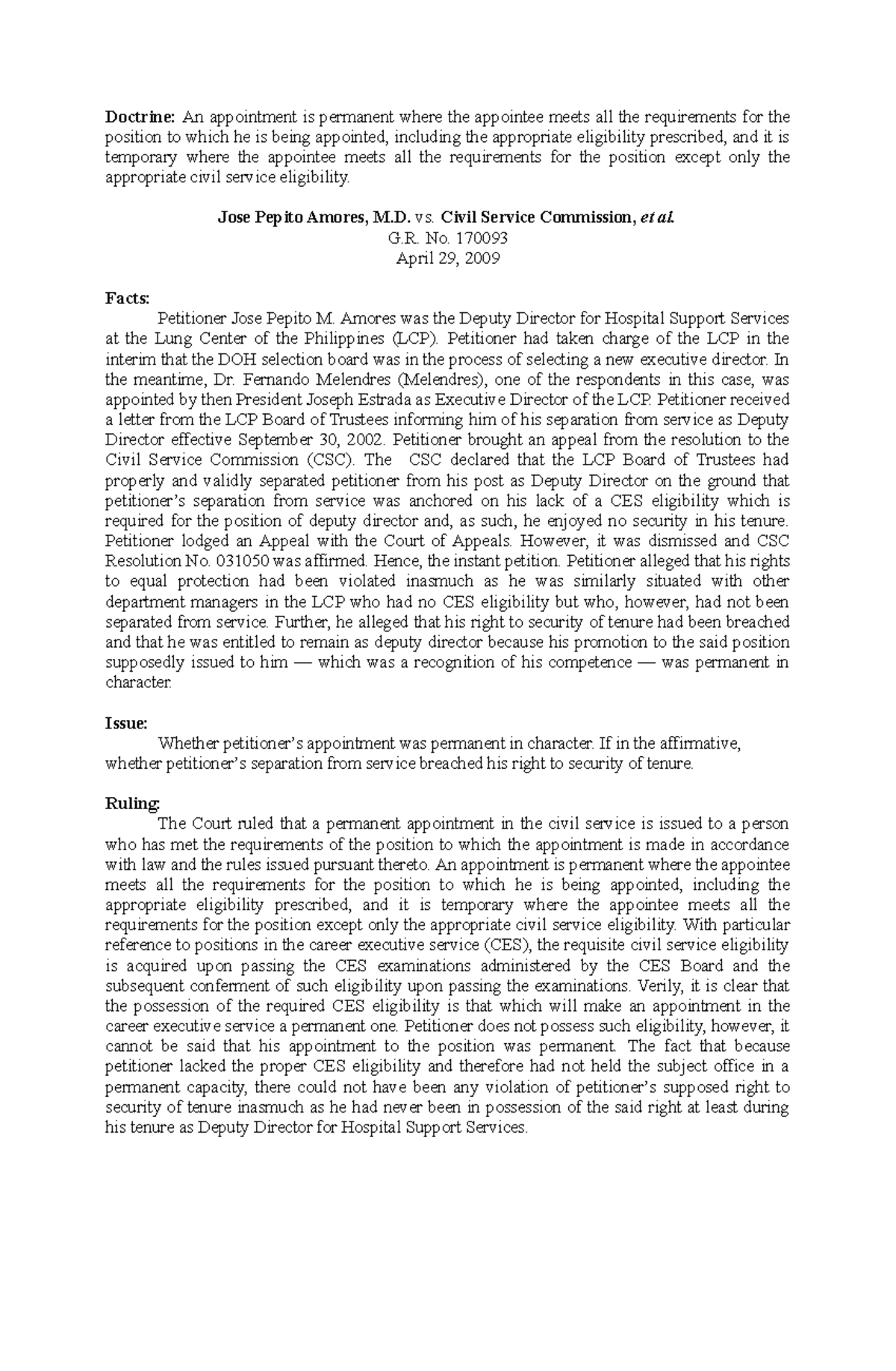 Amores vs. Civil Service Commission - Doctrine: An appointment is ...