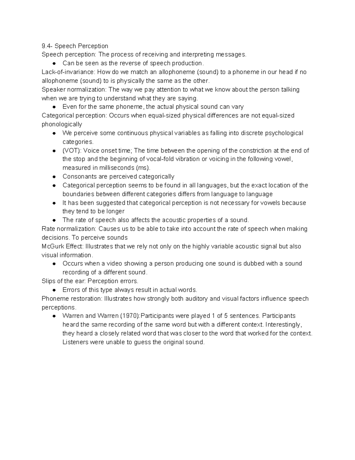 Linguistics 111-Chapter 9 - 9- Speech Perception Speech perception: The ...