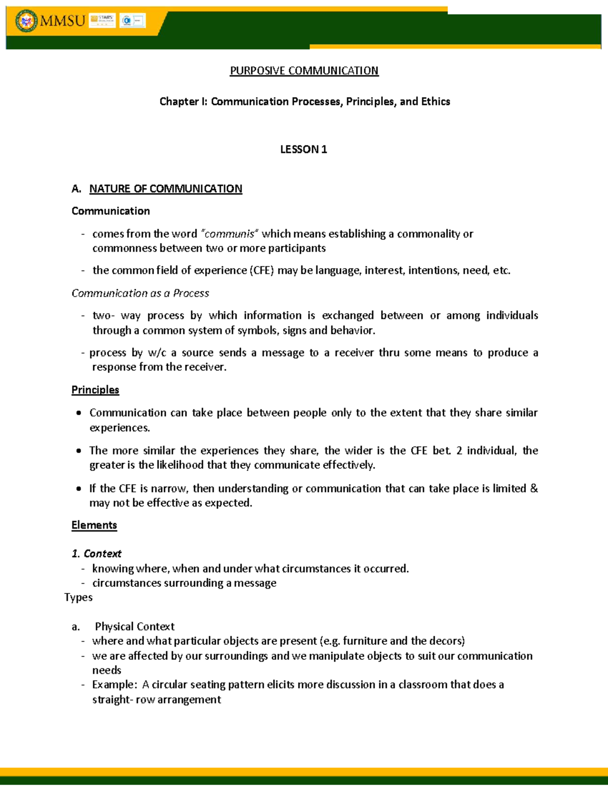 Lesson 1 Nature of Communication - PURPOSIVE COMMUNICATION Chapter I ...
