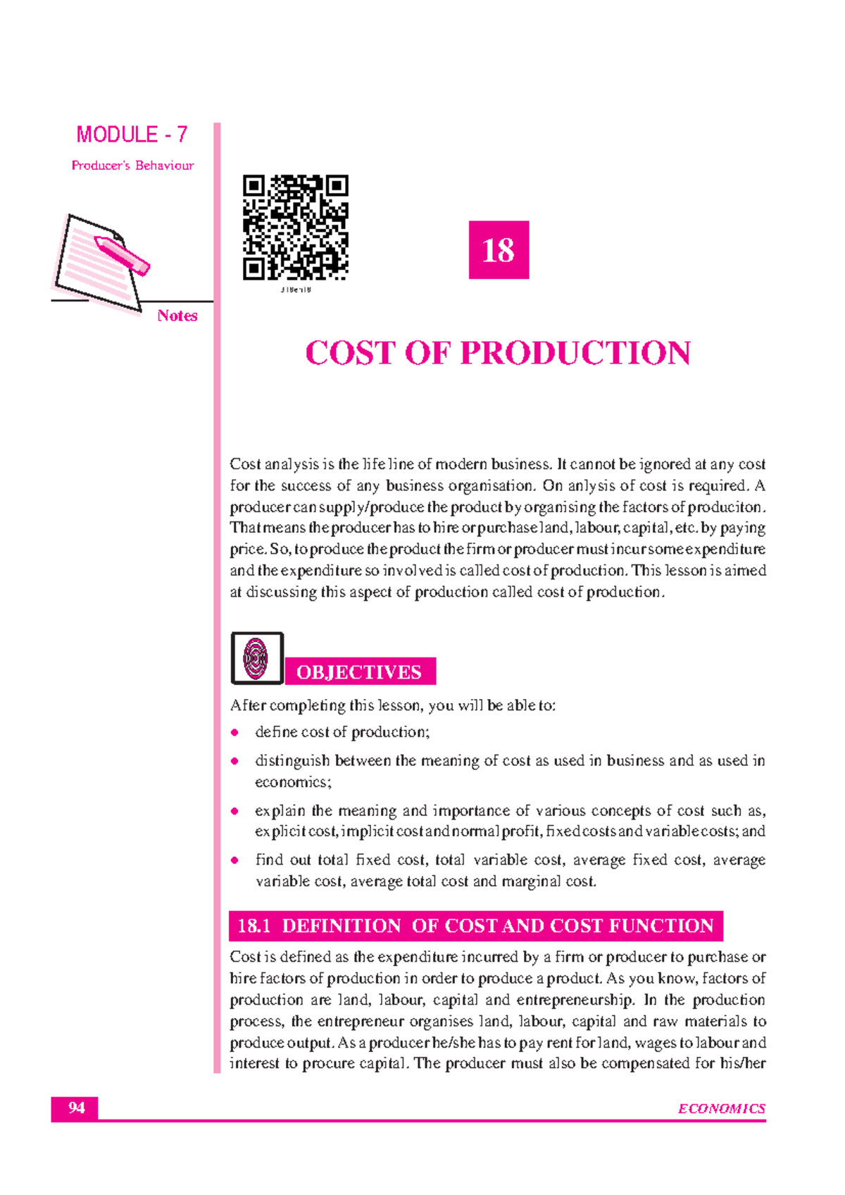 Production costs - Notes ECONOMICS MODULE - 7 Cost of Production ...