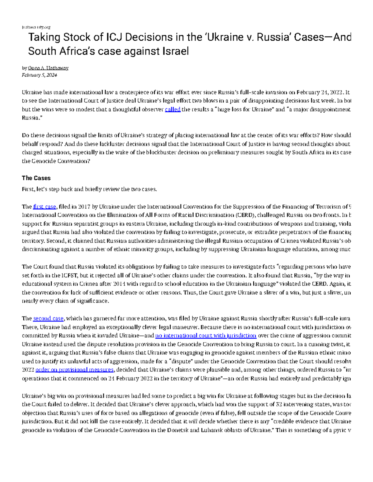 Taking Stock of ICJ Decisions in the 'Ukraine v. Russia' Cases—And ...