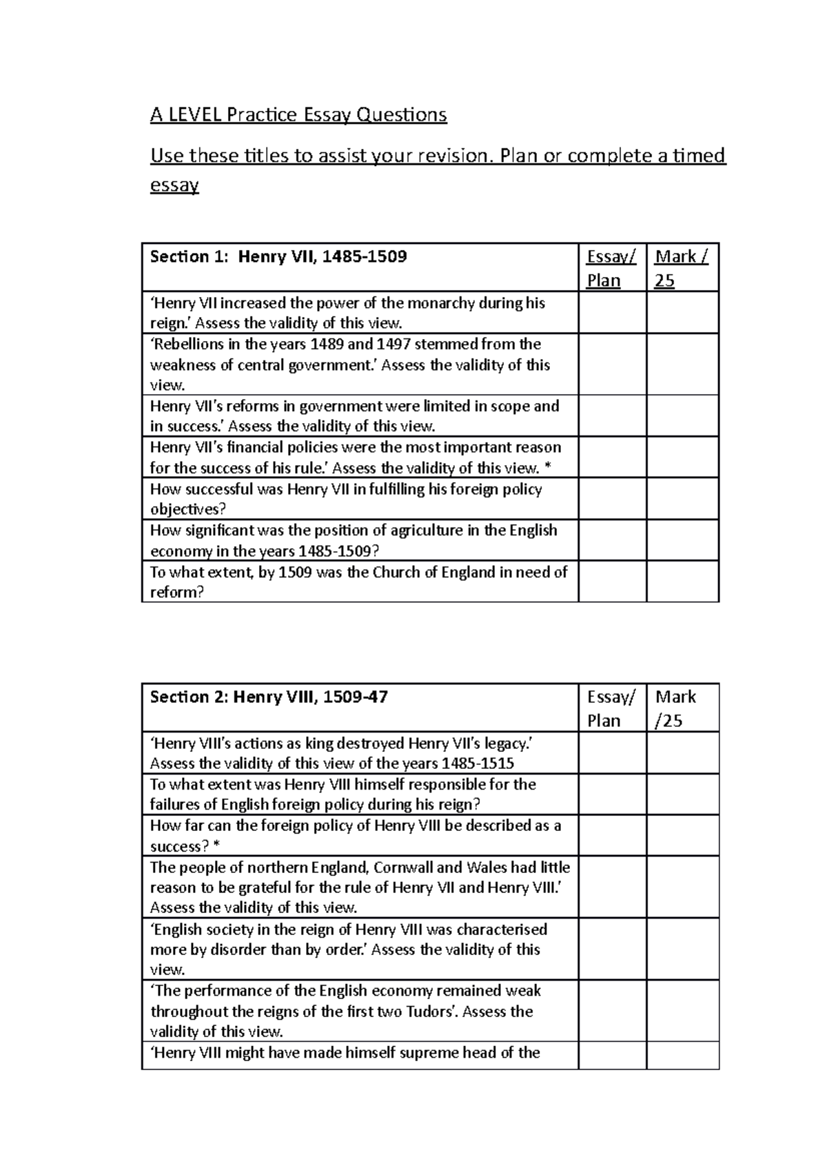 A level practice essay questions tudors - A LEVEL Practice Essay ...