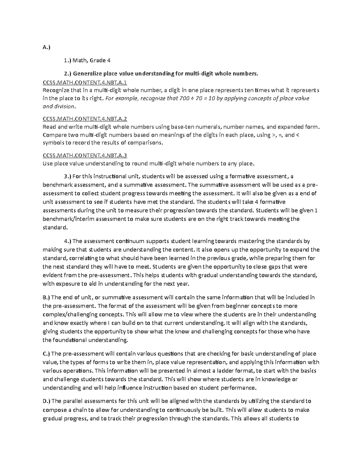 OKM1 Task 4 - Task 4 D184 - A.) 1.) Math, Grade 4 2.) Generalize place value understanding for ...
