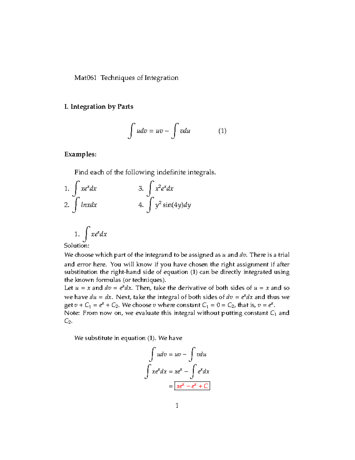 Techniques - Lecture notes 2 - Mat061 Techniques of Integration I ...