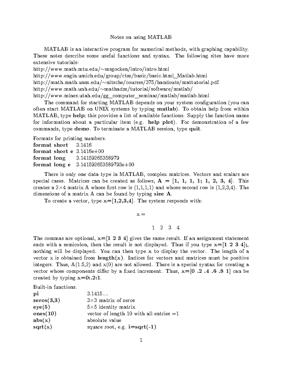 Matlab Fall 2009 Numerical Methods Section 002 - Notes on using MATLAB ...