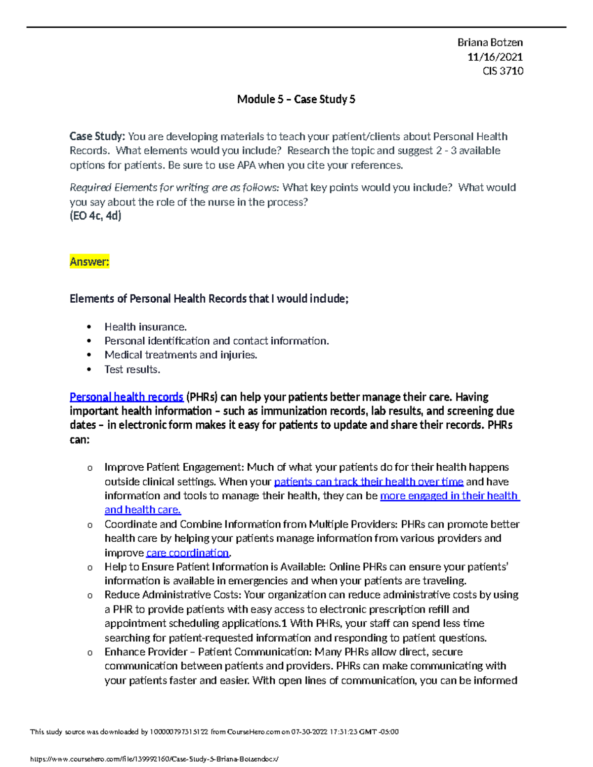 Case Study 5 Briana Botzen - Briana Botzen 11/16/ CIS 3710 Module 5 ...