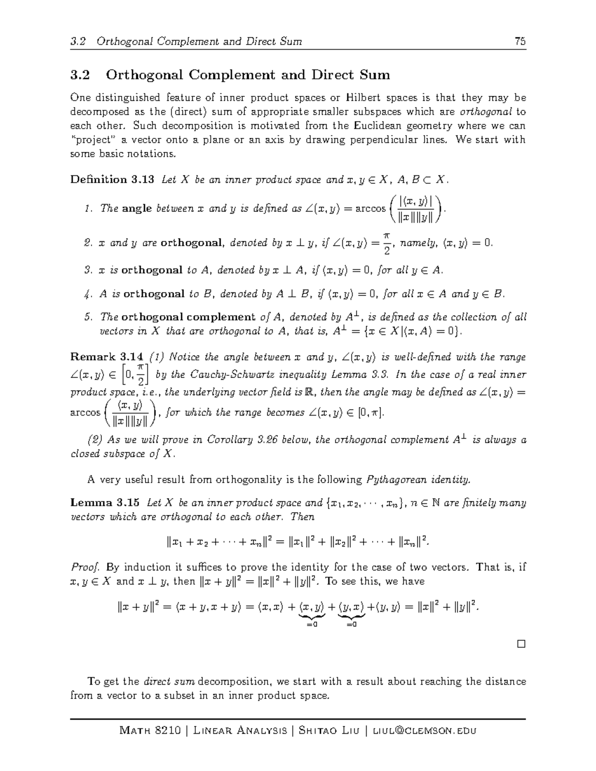 Section 3 Math8210 Lecture Notes 3 Orthogonal Complement And Direct Sum One Distinguished