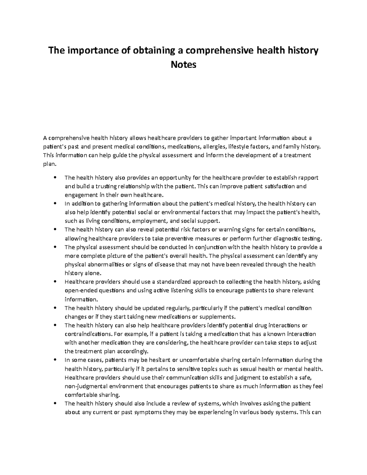 The importance of obtaining a comprehensive health history Notes - The ...