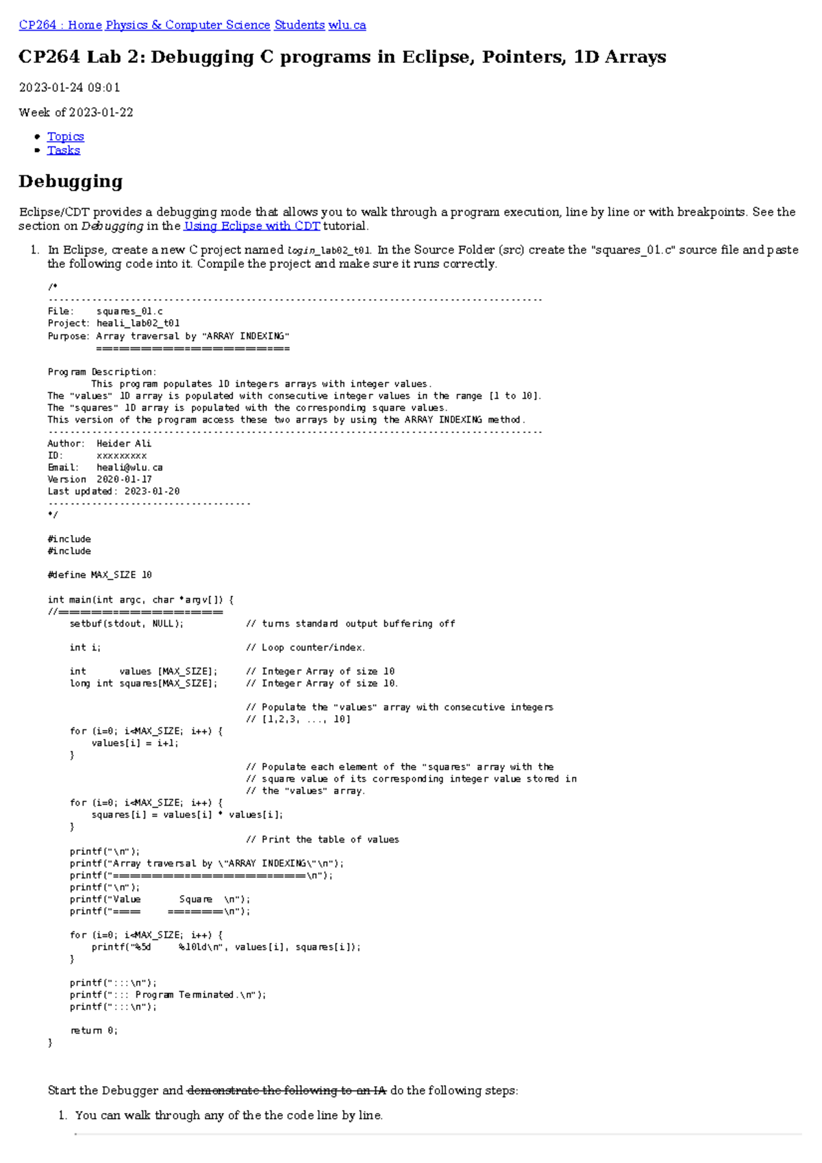 202301 CP264 Lab02 - CP264 : Home Physics & Computer Science Students wlu CP264 Lab 2: Debugging ...