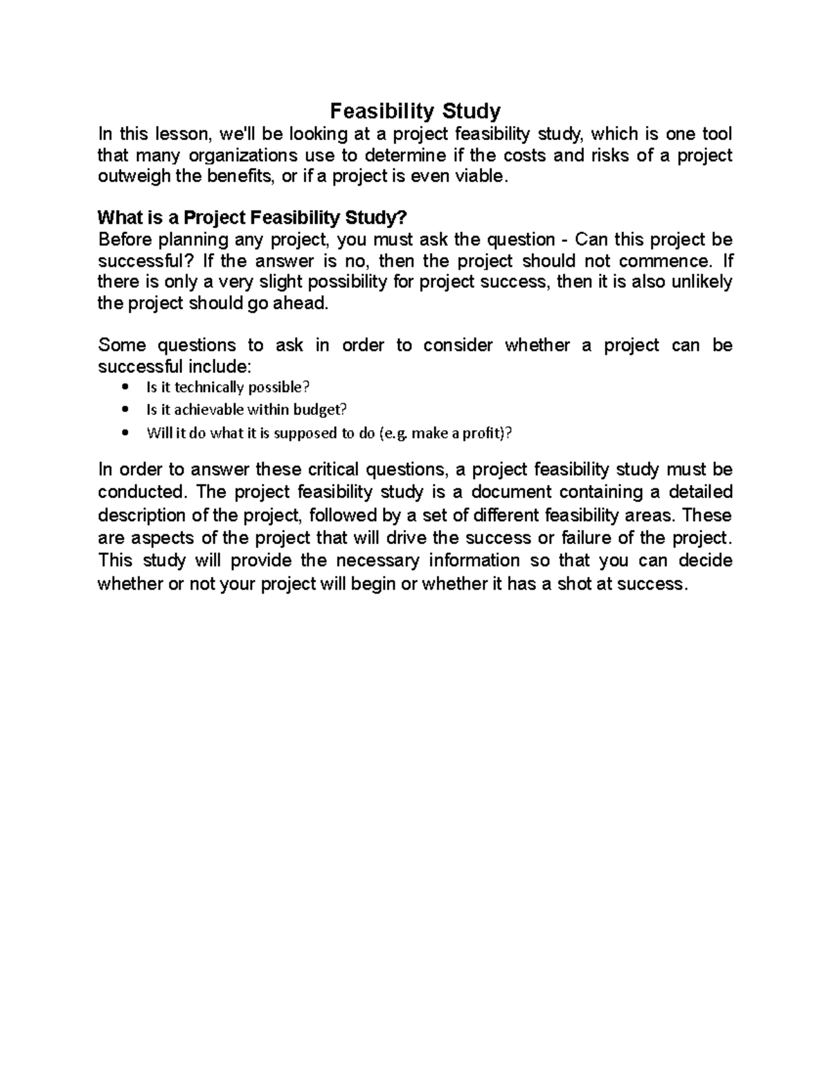 Feasibility Study - entrepreneurship - Feasibility Study In this lesson ...