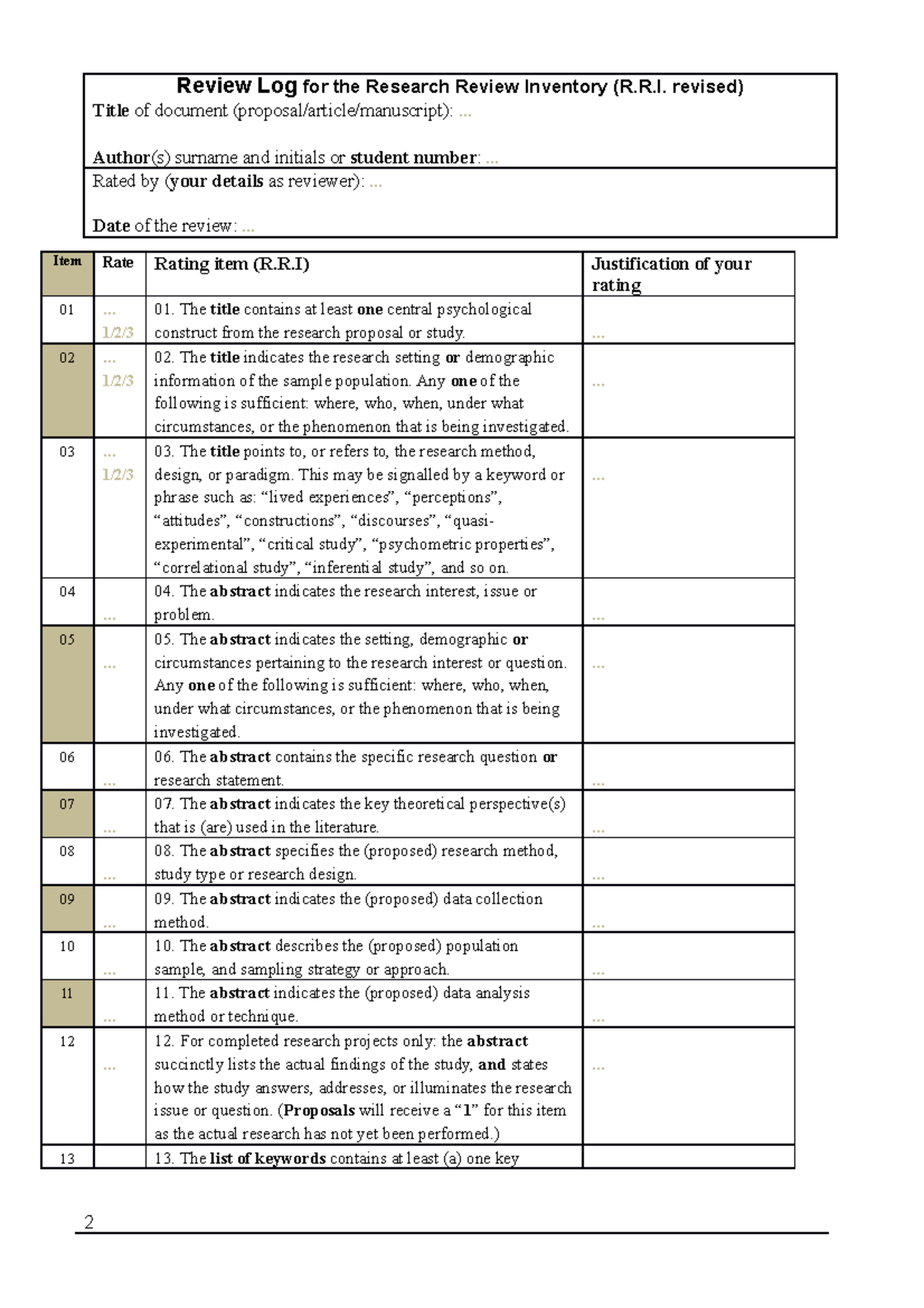 Review Log for the Research Review Inventory MS WORD FILE Unisa HMPYC80 ...