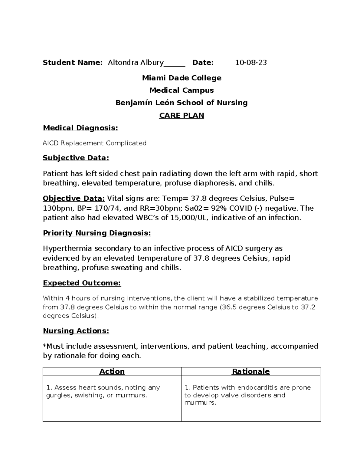 AICD Care Plan #7 - CAre PLan - Student Name: Altondra Albury ...