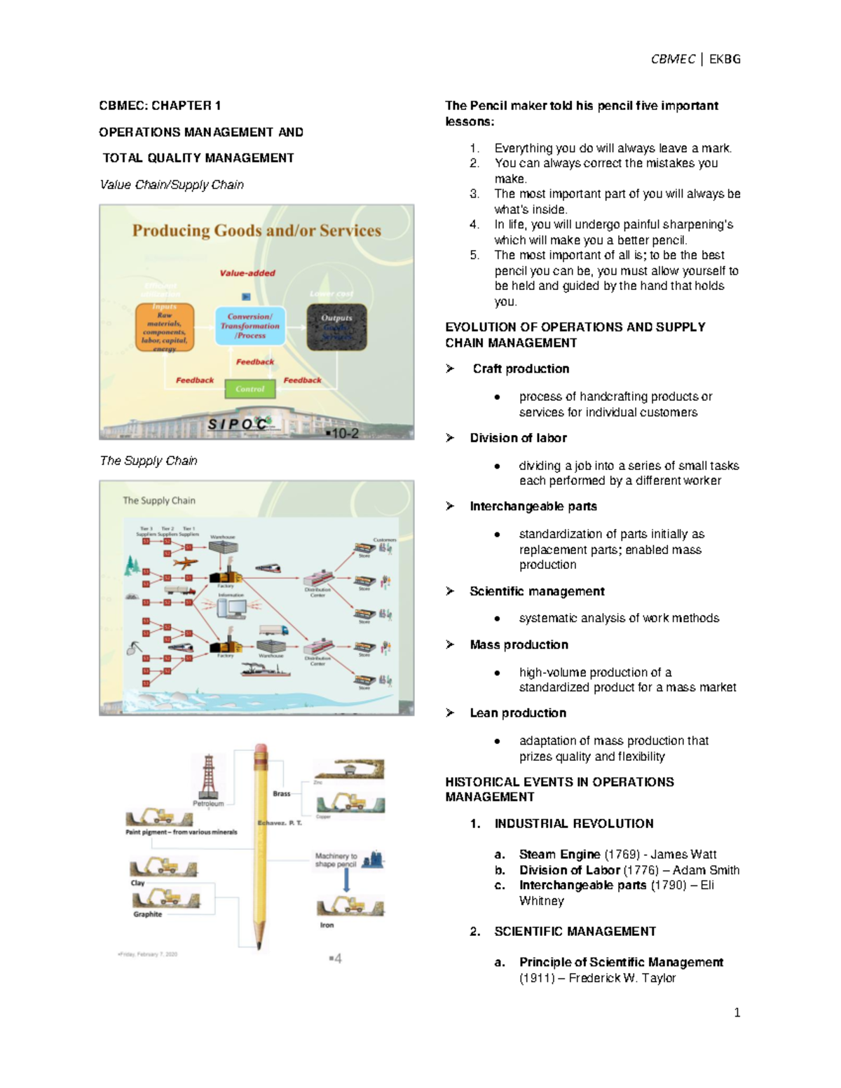 Pdfcoffee - CBMEC: CHAPTER 1 OPERATIONS MANAGEMENT AND TOTAL QUALITY MANAGEMENT Value Chain ...